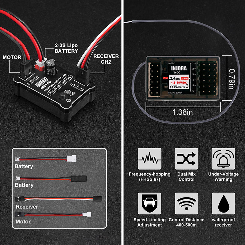 INJORA MB100-R80 ESC and 6CH Transmitter Receiver for 1/18 1/24 RC Cra